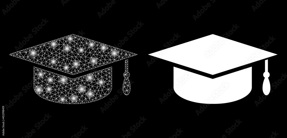 Glamour mesh vector graduation cap with glow effect. White mesh, glare ...