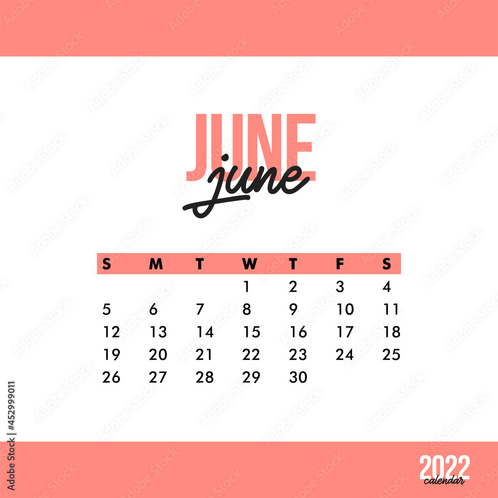 June 2022 calendar. Calendar sticker design template. Week starts on ...