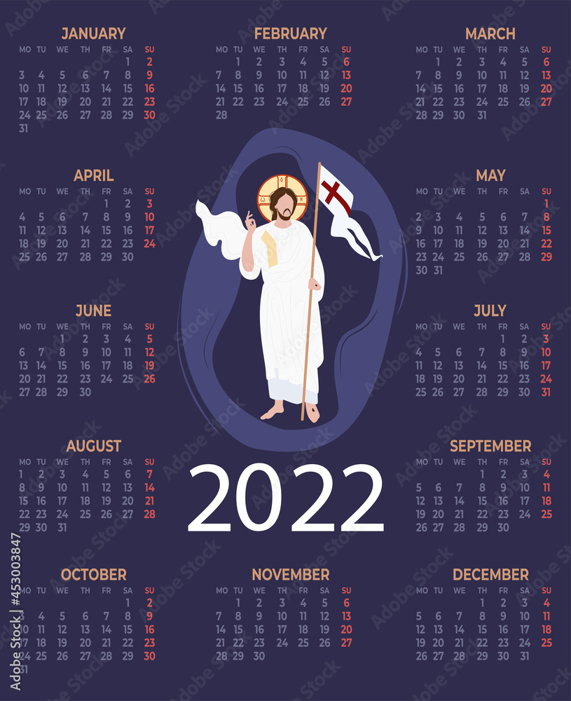 2022. Annual religious calendar with Jesus Christ the Savior ...