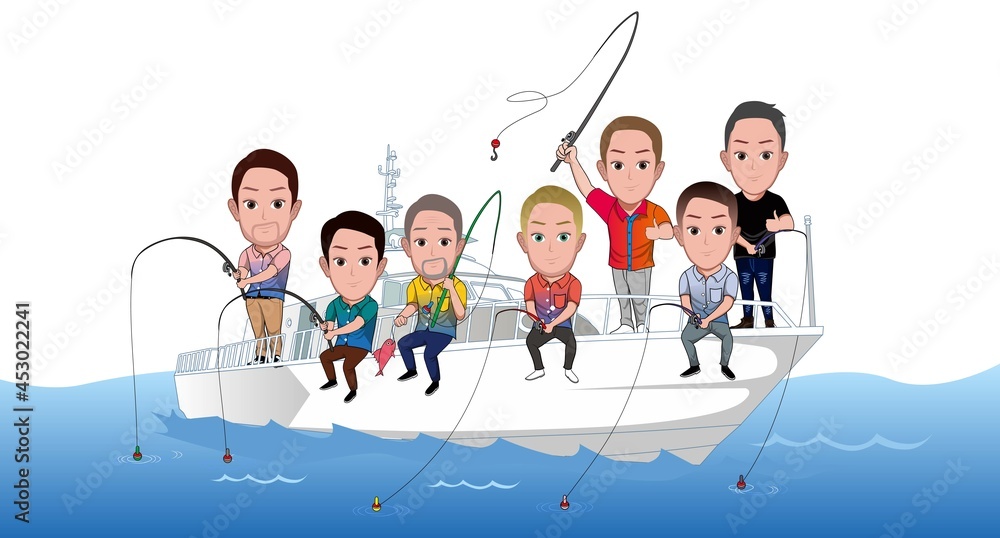 Cartoon carricature of a group of men fishing Stock Vector | Adobe Stock