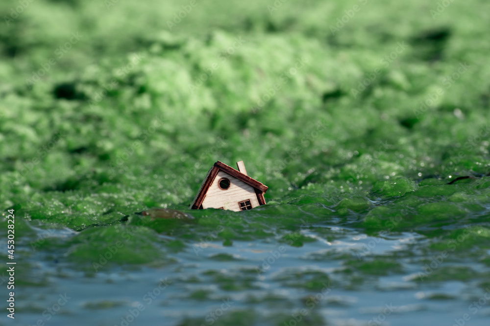 Climate change and rising sea levels concept. House floating and ...