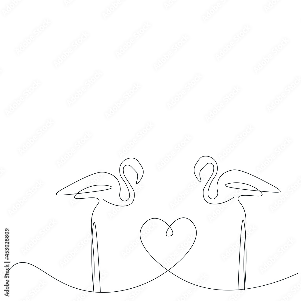 Flamingo birds with heart line drawing vector illustration Stock Vector ...