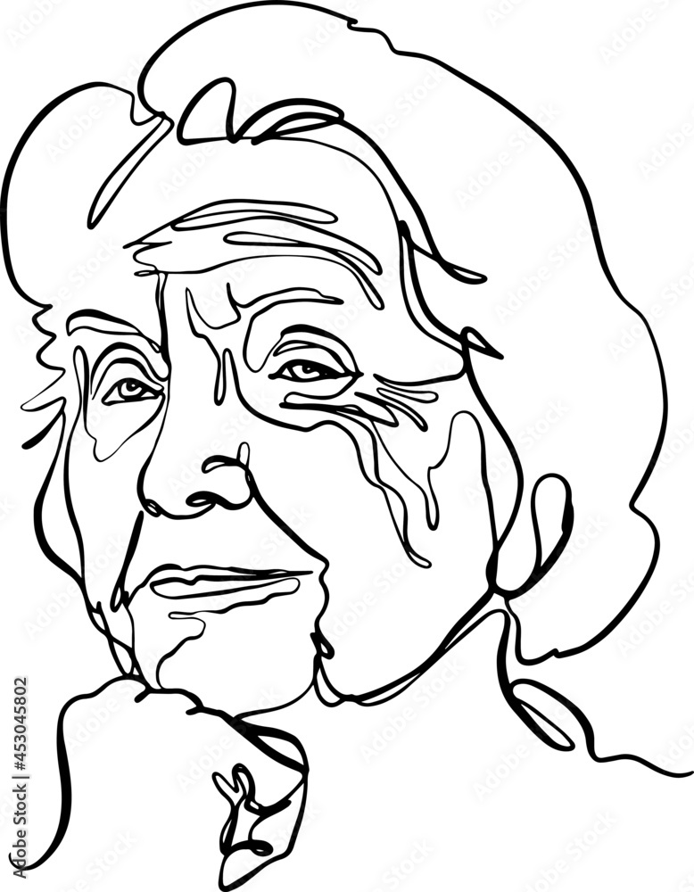 Minimalistic portrait of elderly woman's face with wrinkles. Continuous ...