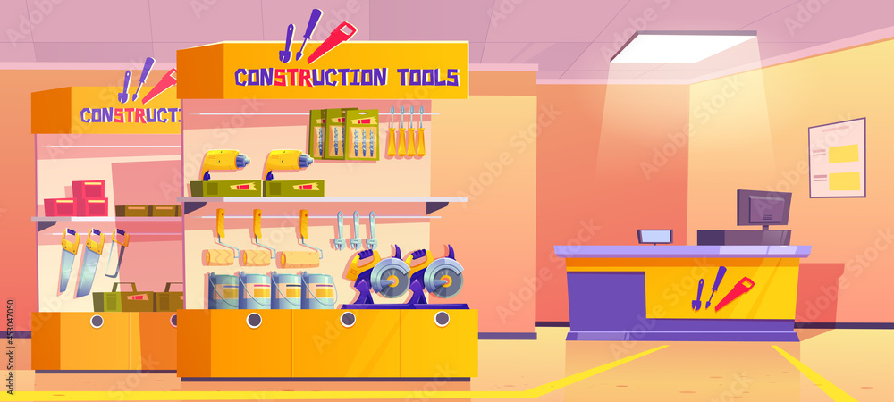 Construction tools store, hardware shop interior with counter desk ...