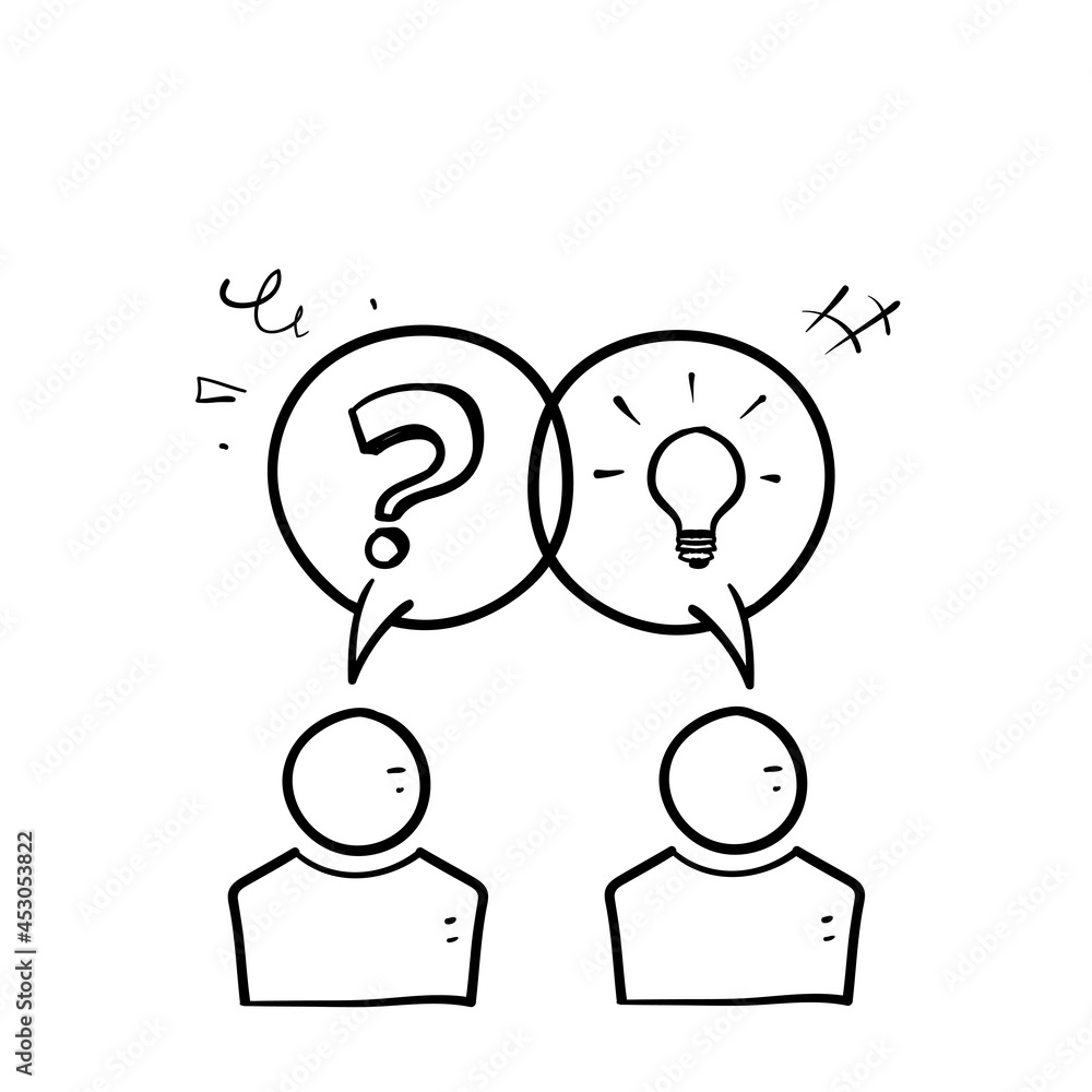 hand drawn doodle people with question mark and light bulb symbol for ...