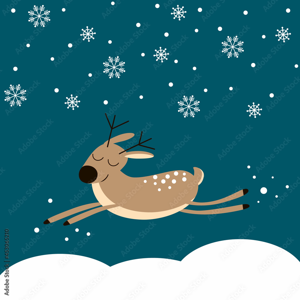 Cute deer rushing through the snow in the night.Vector drawing for ...