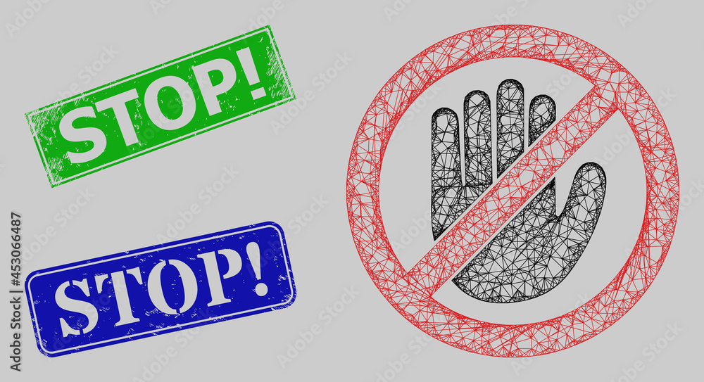 Wireframe net no hand model, and Stop Exclamation. blue and green ...