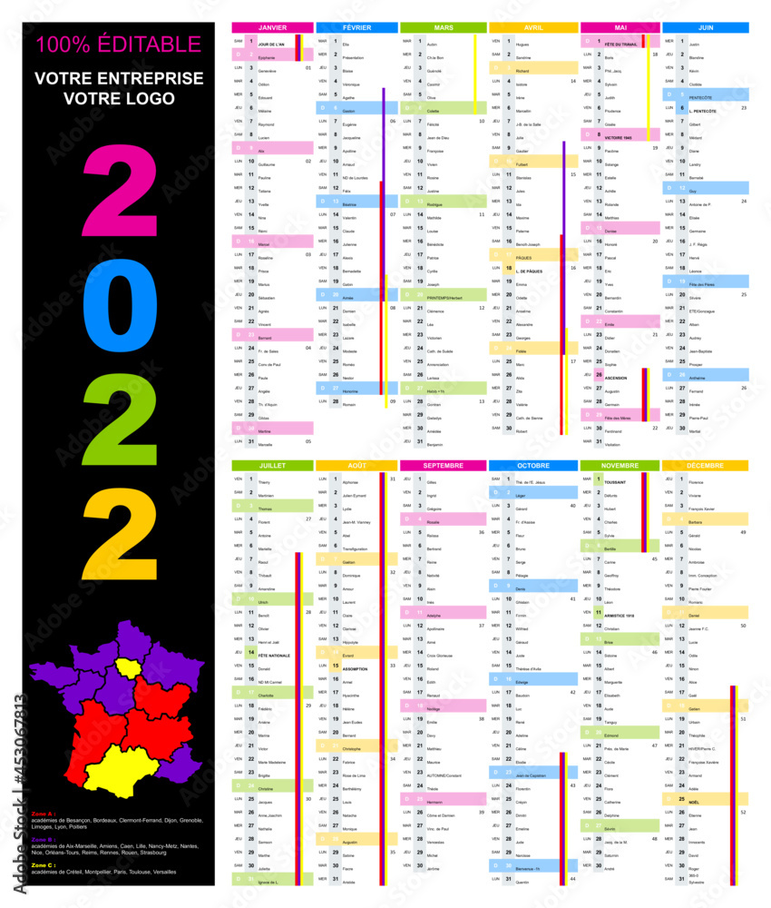 Calendrier 2022 éditable personnalisable modifiable vacances scolaires ...