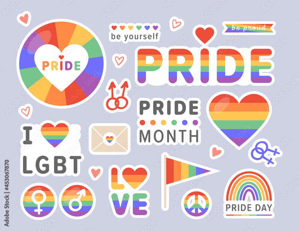 Pride LGBT stickers. Vector set of LGBTQ icon with heart, rainbow, love ...