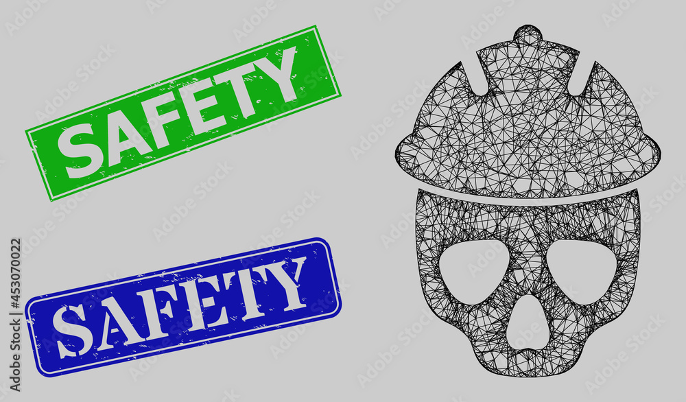 Wireframe net safety helmet skull model, and Safety blue and green ...