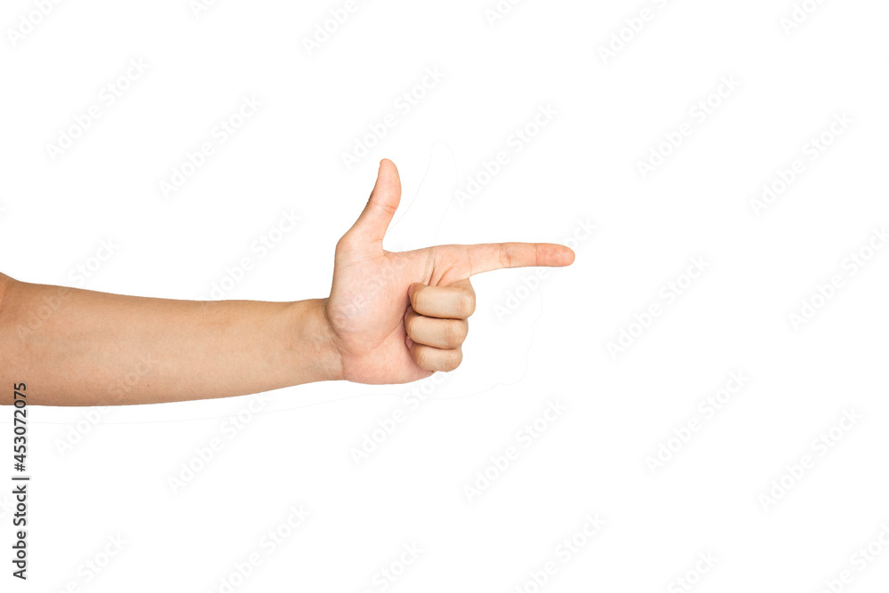 Close up of gun hand gesture isolated with white background. Pistol ...