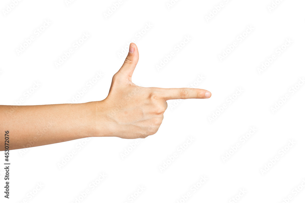 Close up of gun hand gesture isolated with white background. Pistol ...