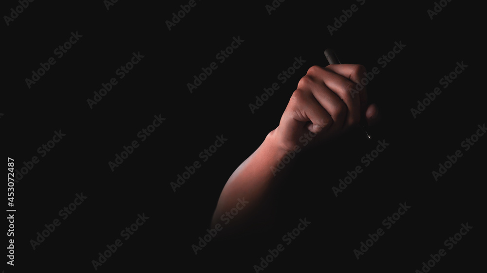 Mysterious write hand hold writing pen and vintage black handwriting ...