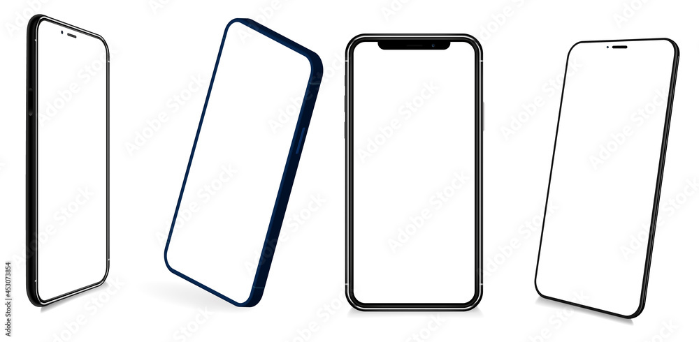 Smartphones collection at different angles, rotated positions. 3D ...