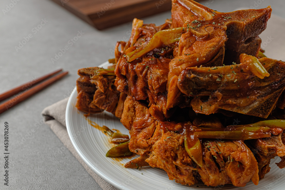 Steamed pork backbone in spicy and salty seasoning Stock Photo | Adobe ...