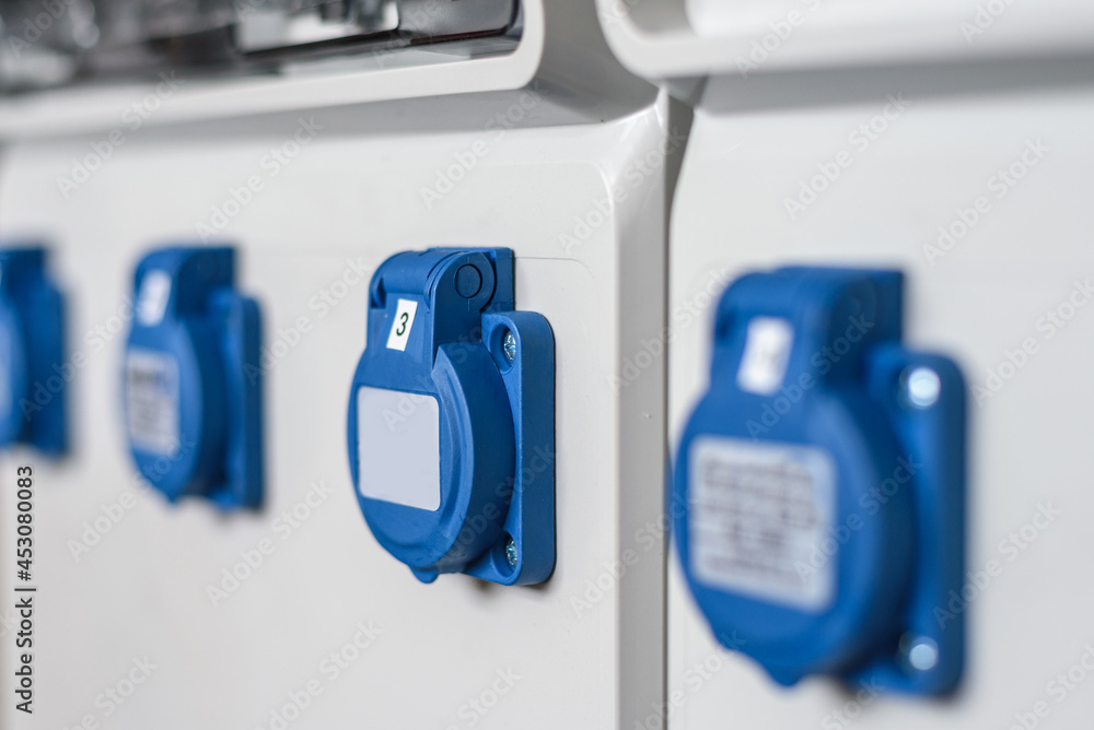 Industrial sockets on distribution board. Construction site electricity ...