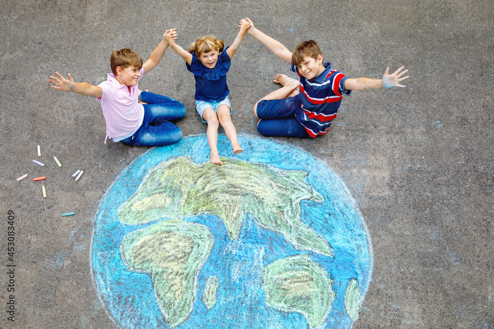 Little preschool girl and two school kids boys with earth globe ...