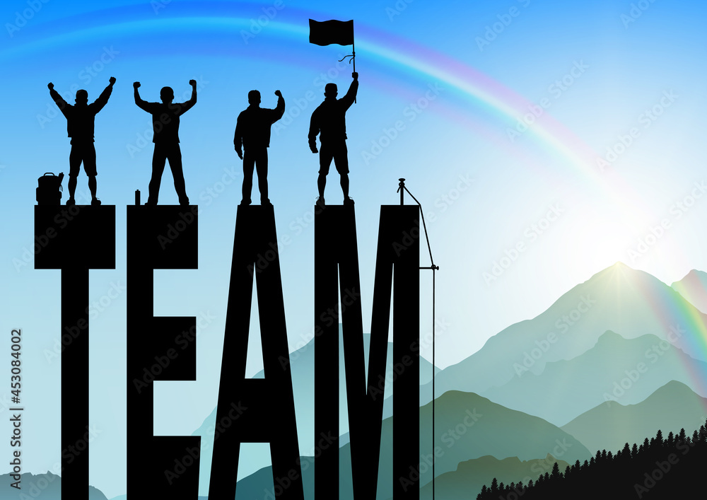 Silhouette of men standing on top of text TEAM with cheerful on sunrise ...