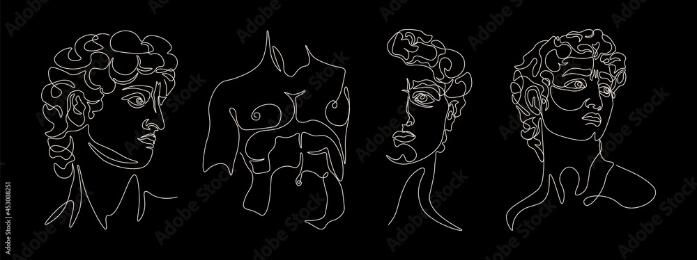 One line ancient greek sculptures. Greece mythology statues hand drawn ...