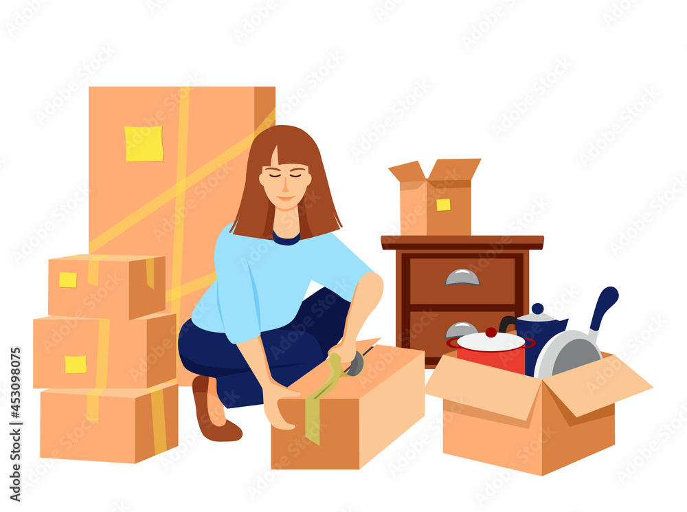 Moving to a new home. A woman is packing household things. Girl tapes ...