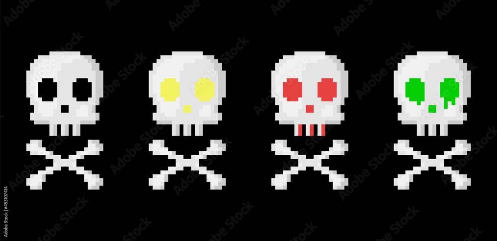 Pixel art skull and bones set. 8 bit style retro game skull and ...