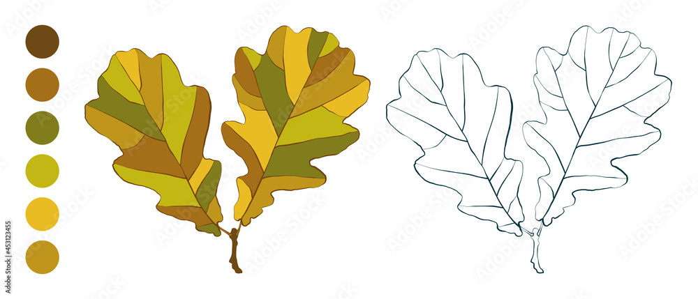 Coloring sheet with colorful autumn oak leaves and color palette ...