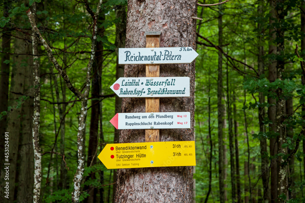 Yellow guidepost information sign, villages, places in a forest ...