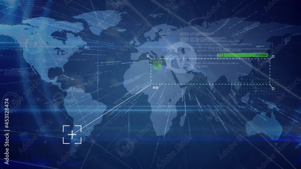 Animation of digital interface over network o connections and world map ...