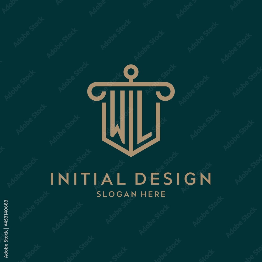 WL monogram initial logo design with shield and pillar shape style ...
