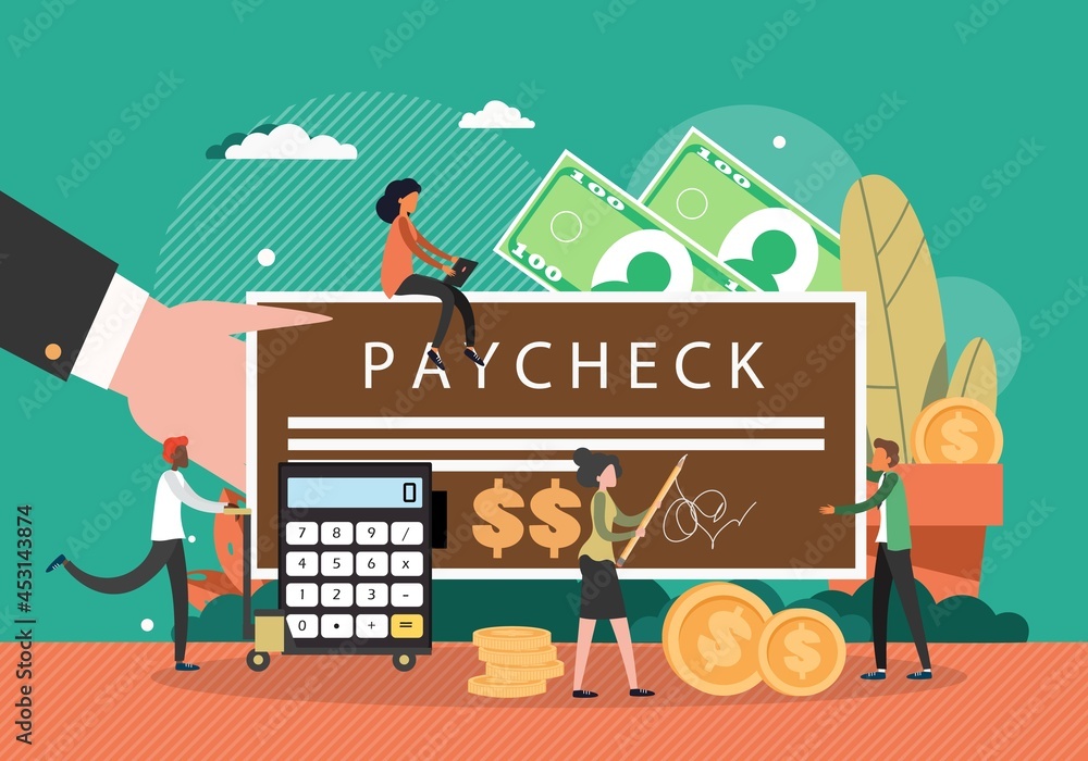 Tiny characters signing and giving paycheck to male employee, flat ...