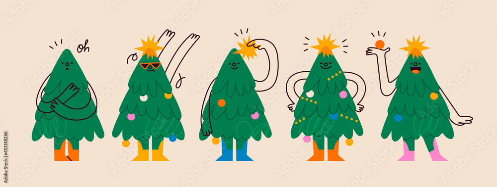Set of funny Christmas tree characters with faces. Various emotions ...