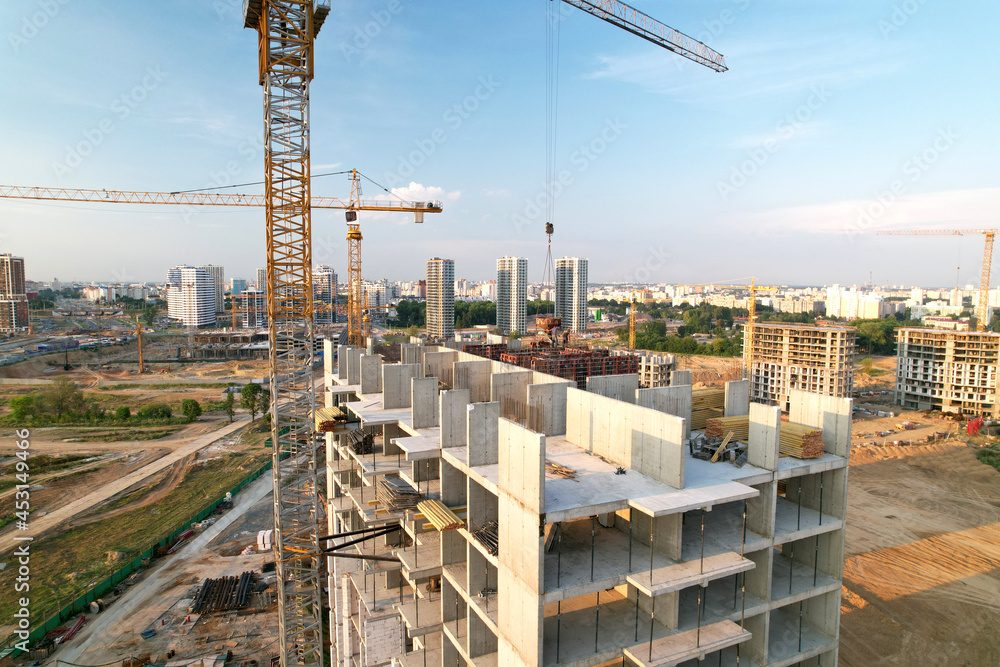 Tower crane on construction site during formwork. Arial view of the ...