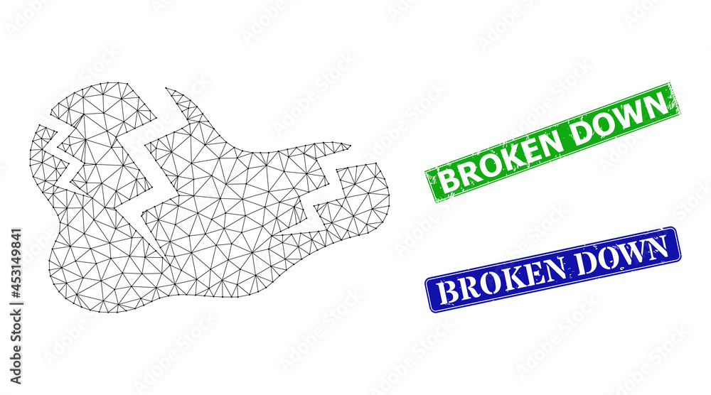 Mesh crack model, and Broken Down blue and green rectangular scratched ...