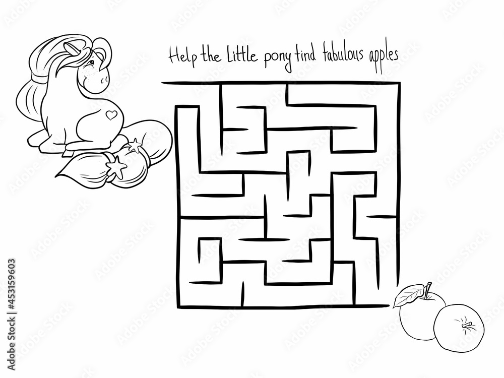 Help the little pony find the apples solution for children, maze, line ...