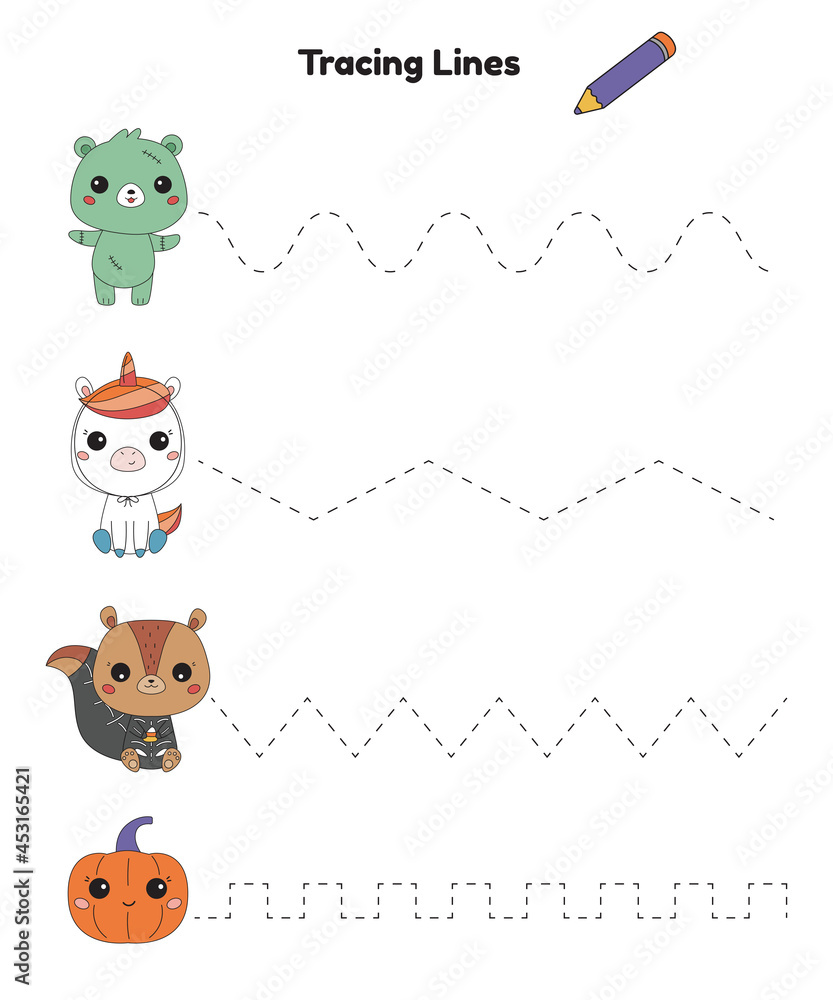 Tracing lines activity worksheet for kindergarten kids. Halloween theme ...
