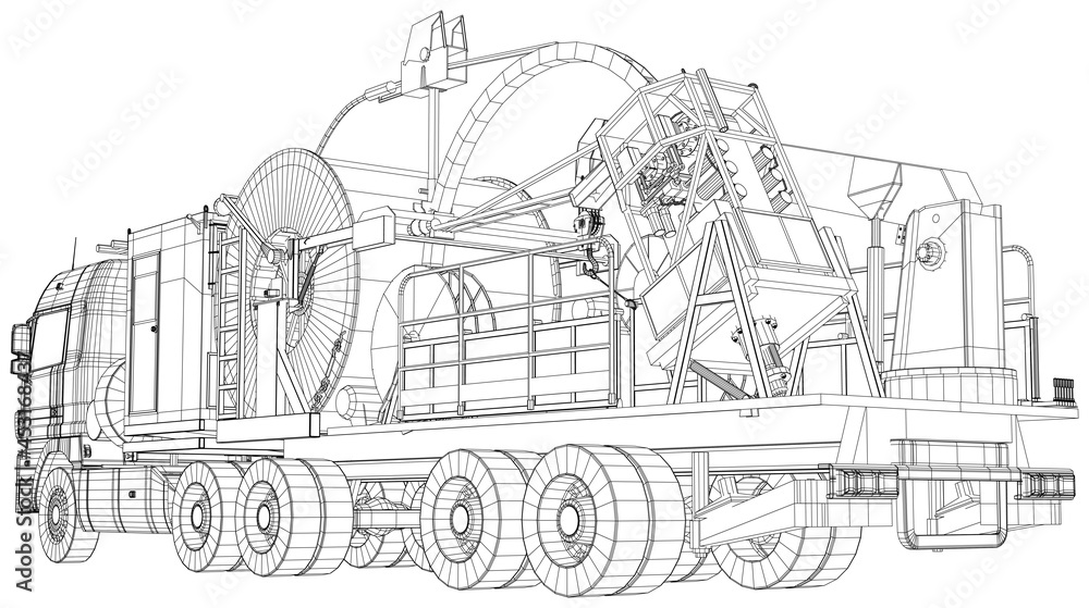 Coiled tubing machine technical wire-frame. EPS10 format. Vector ...