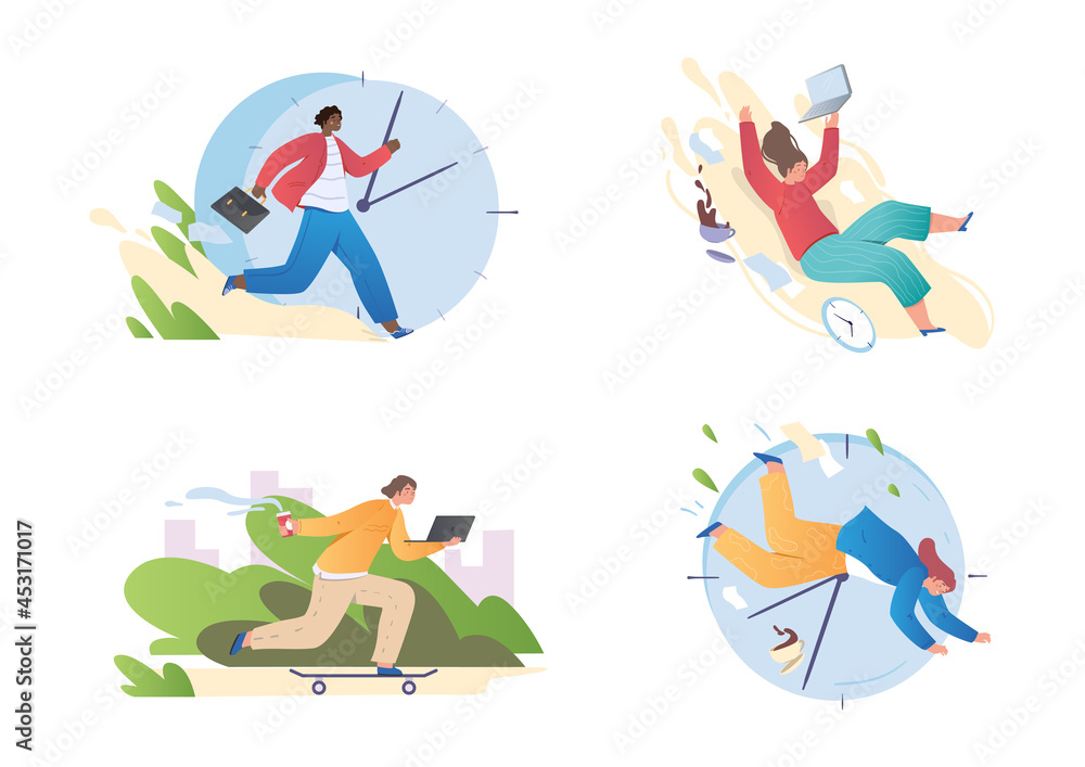 Collection of characters rushing to work. Crazy working day for men and ...