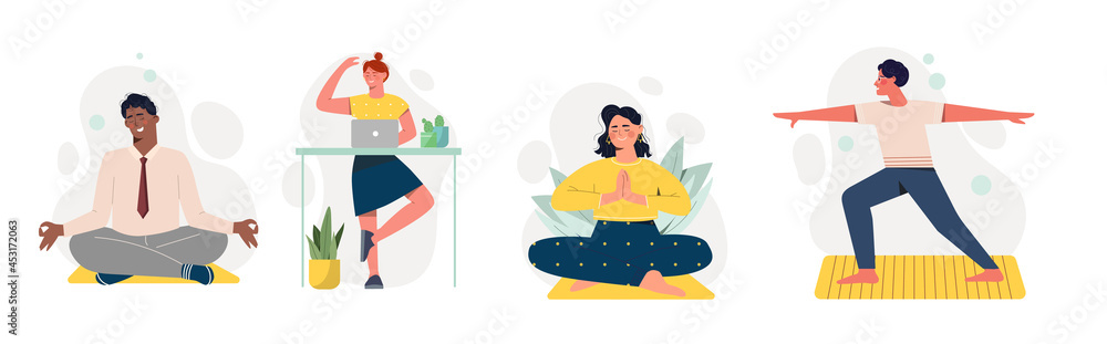 Yoga classes at work concept. Employees of company perform useful ...