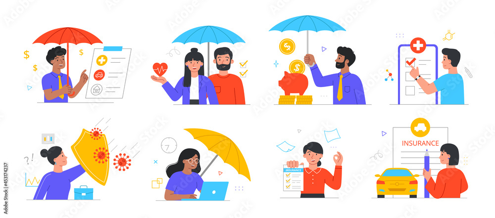 Accident insurance concept set. Male and female protect property ...