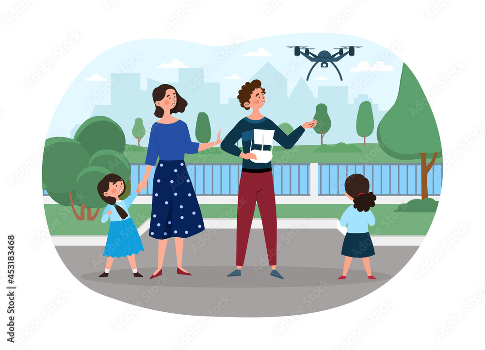 Launch of quadcopter concept. Mom, dad and daughters shoot videos using ...