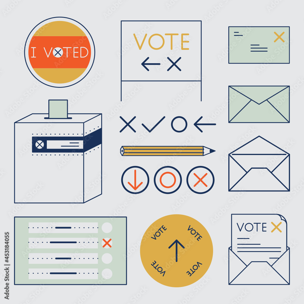 Voting Icon Set with ballot, ballot box, pencil, I voted sticker, mail ...