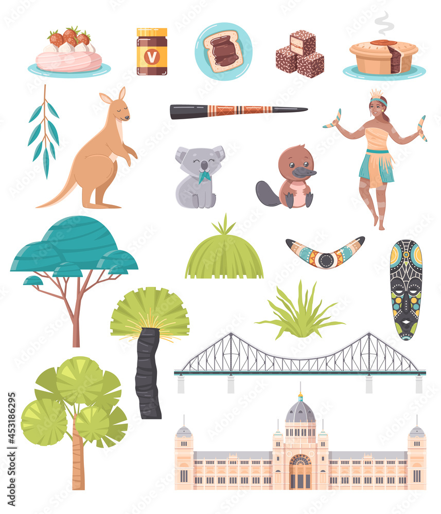 Vetor de Australia National Symbols Cartoon Set do Stock | Adobe Stock