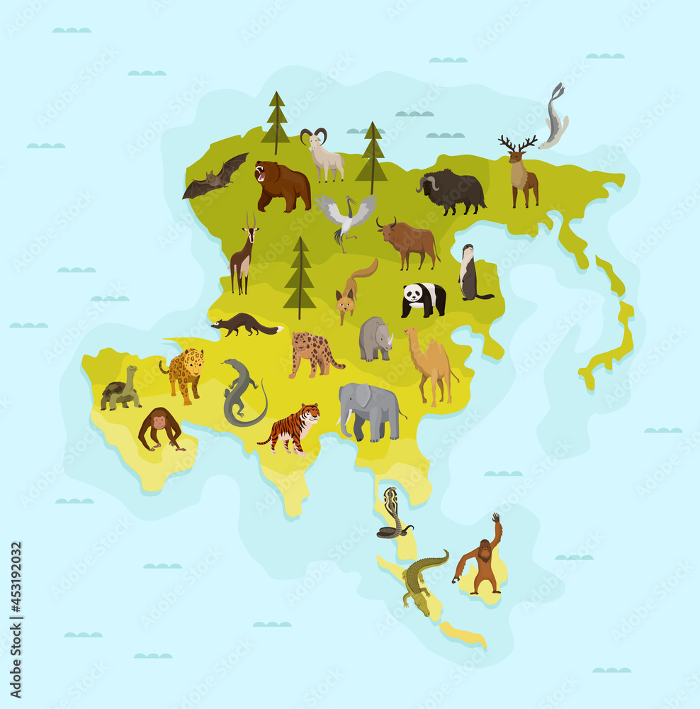 Fototapeta dla chłopca Map of asia with different animal. Funny cartoon ...