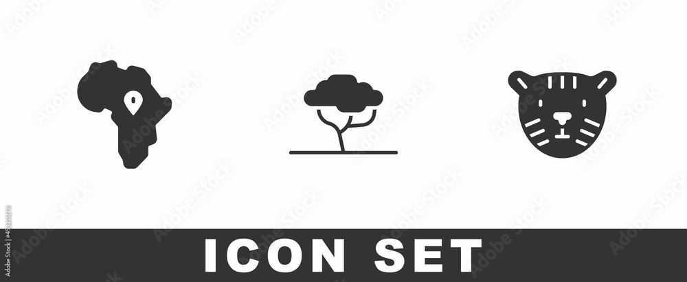 Set Map of Africa, African tree and Tiger head icon. Vector Stock ...