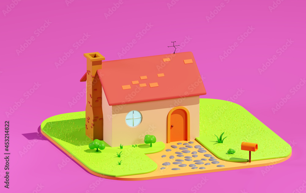 Stylized house, 3d render. Cute cartoon house with a round window and a ...