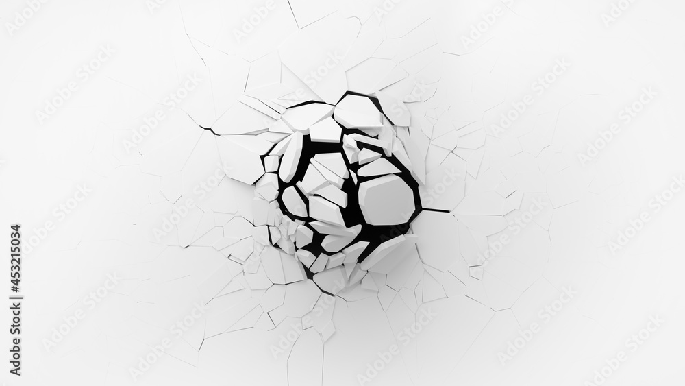Exploded white wall with stone pieces and cracks. 3D rendering. Stock ...