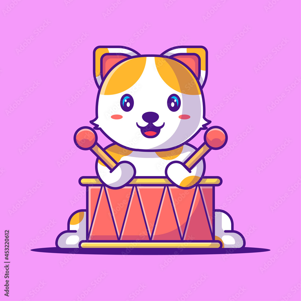 Cute Cat playing Drum Cartoon Vector Illustration. Animal Flat cartoon ...