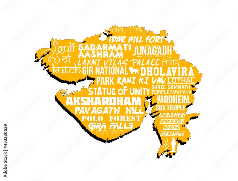 Gujarat 3D Vector Map with famous monuments and tourist locations ...