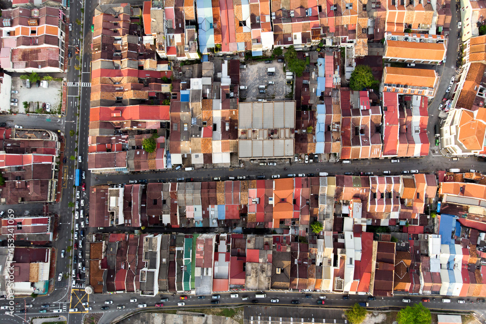 Aerial view showing roof tops of the heritage houses and streets of ...