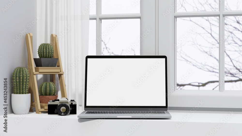 Laptop computer blank screen mockup in white minimal working space ...